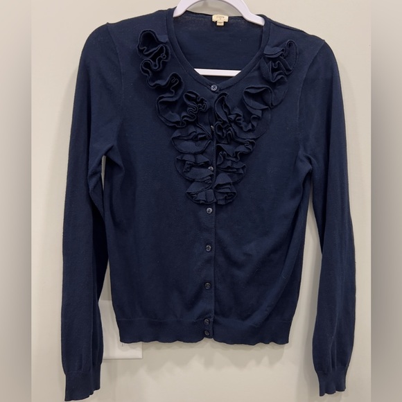 J. Crew | Sweaters | J Crew Ruffled Cardigan Size M 0 Cotton Navy Blue ...